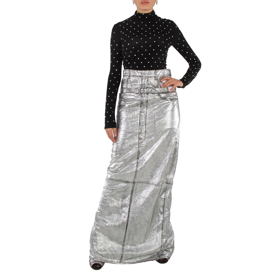 Acne Studios Ladies Silver Metallic Belted Leather Maxi Skirt, Brand ...