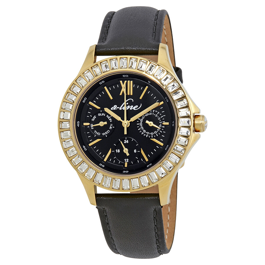 A_Line Multi-function Quartz Crystal Black Dial Ladies Watch 80188-YG ...