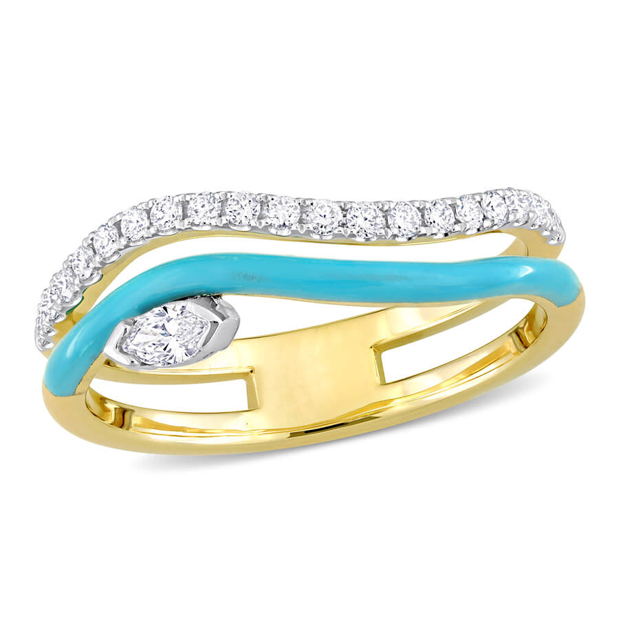 Amour 1/4CT TDW Marquise and Round-shaped Diamonds Blue Enamel Double Row Wave Ring In 14K 2 ...