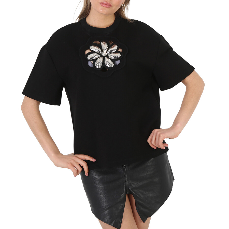 Area Black Mussel Flower Embellished Cutout Jersey T-Shirt, Size Medium ...