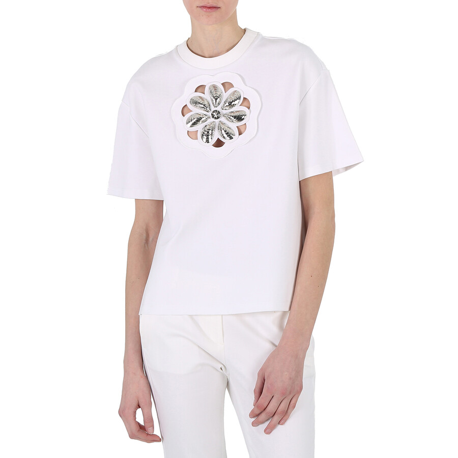 Area White Mussel Flower Embellished Cutout Jersey T-Shirt, Size Small ...