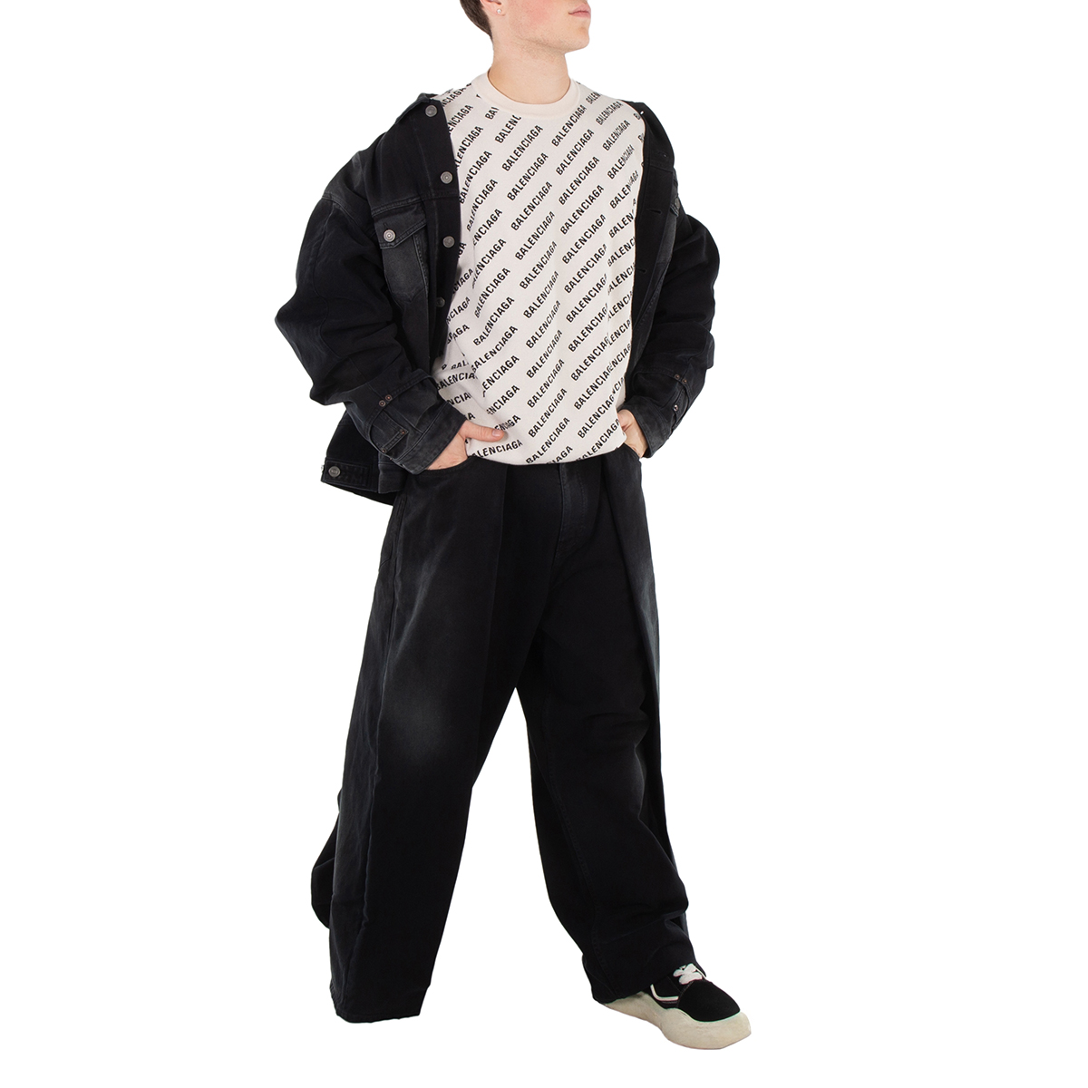 Balenciaga Men's Chalky White / Black All-Over Logo-Print Knit Jumper ...