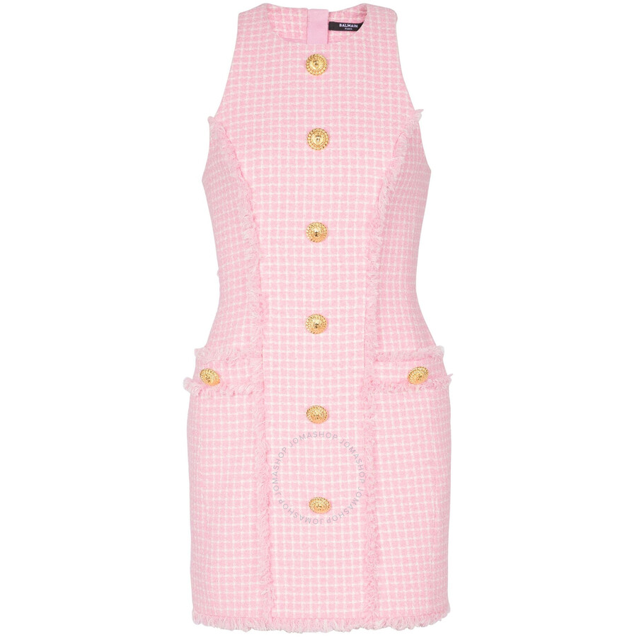 Balmain Vichy Tweed Sleeveless Mini Dress In Pink | ModeSens