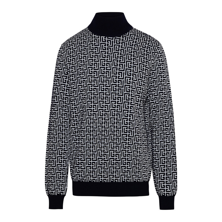 Balmain Men's Ggd Blanc / Bleu Marine Monogram-Intarsia Roll-Neck ...