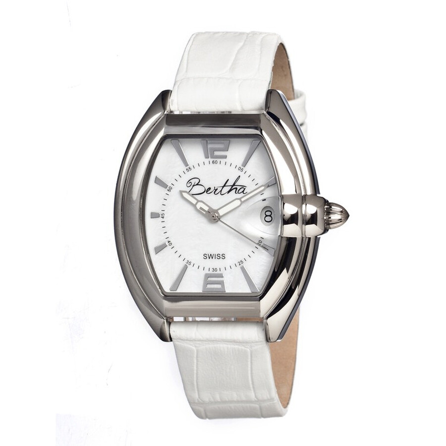 Bertha Chloe White Mother of Pearl Dial White Leather Ladies Watch ...