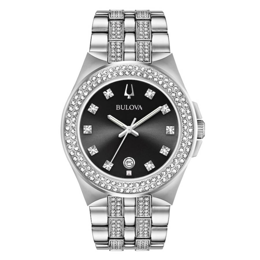 Bulova Quartz Crystal Black Dial Men's Watch & Pendant Boxed Set 96K102 ...