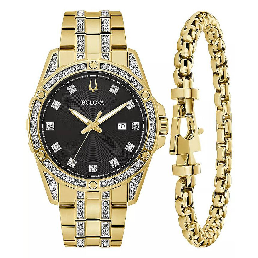 Bulova Quartz Diamond Crystal Black Dial Men's Watch and Bracelet Set ...