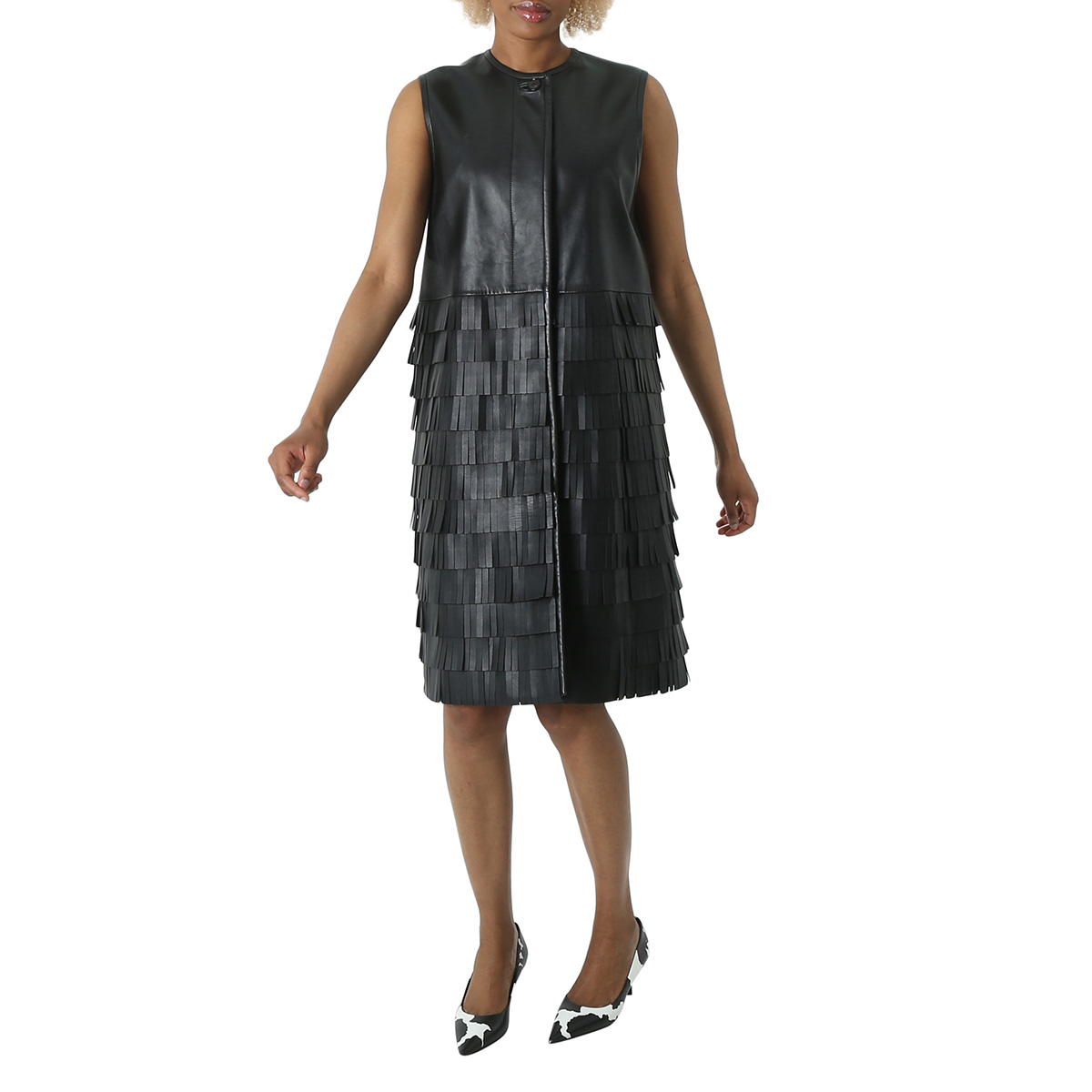 Burberry Ladies Black Leather Fringed Shift Dress, Brand Size 10 (US ...