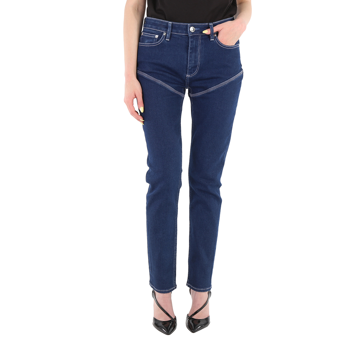 Burberry Ladies Dark Blue Felicity Contrast-Stitch Skinny Denim Jeans ...