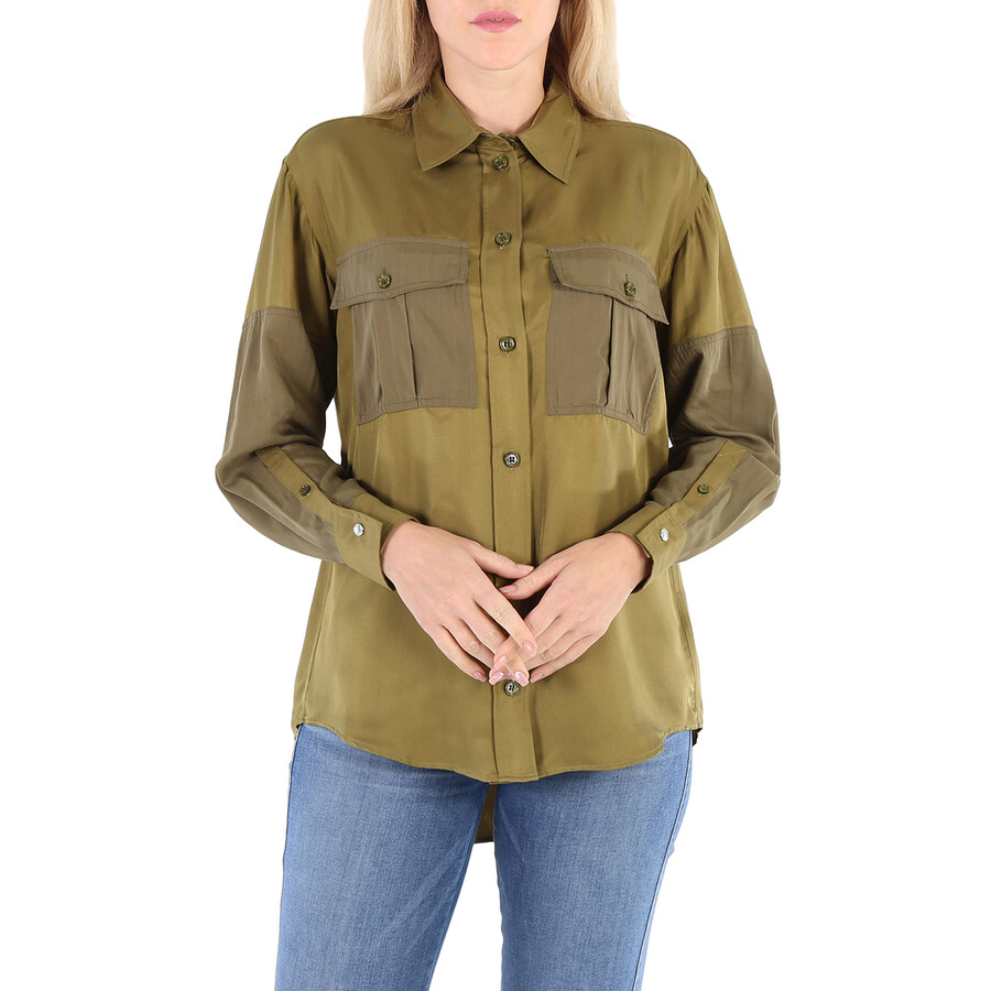 Burberry Ladies Dark Seaweed Green Ferne Panelled Oversized Shirt ...
