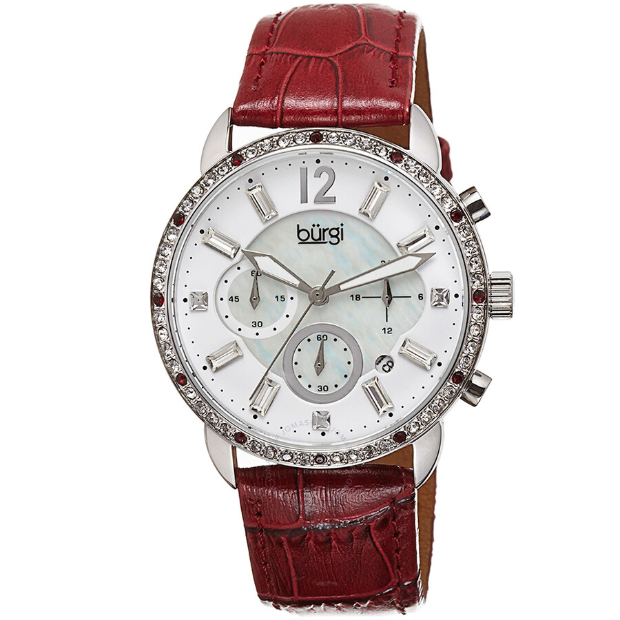 Burgi Chronograph Mother of Pearl Dial Burgundy Leather Ladies Watch ...