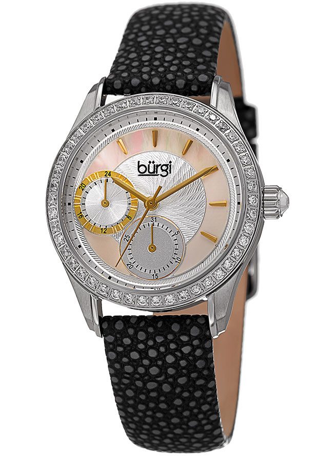 Burgi Mother Of Pearl Dial Ladies Black Polka Dot Leather Watch ...