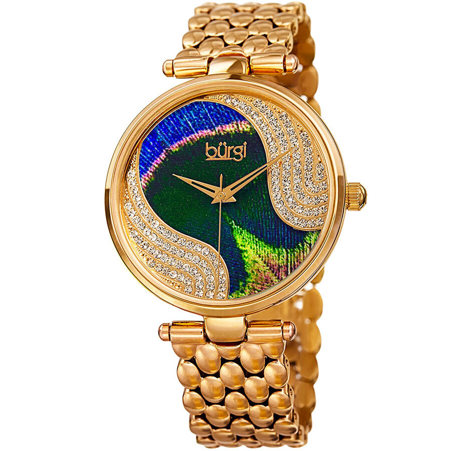 Burgi Peacock Feather Dial Crystal Ladies Watch BUR162YG 848572096720 ...