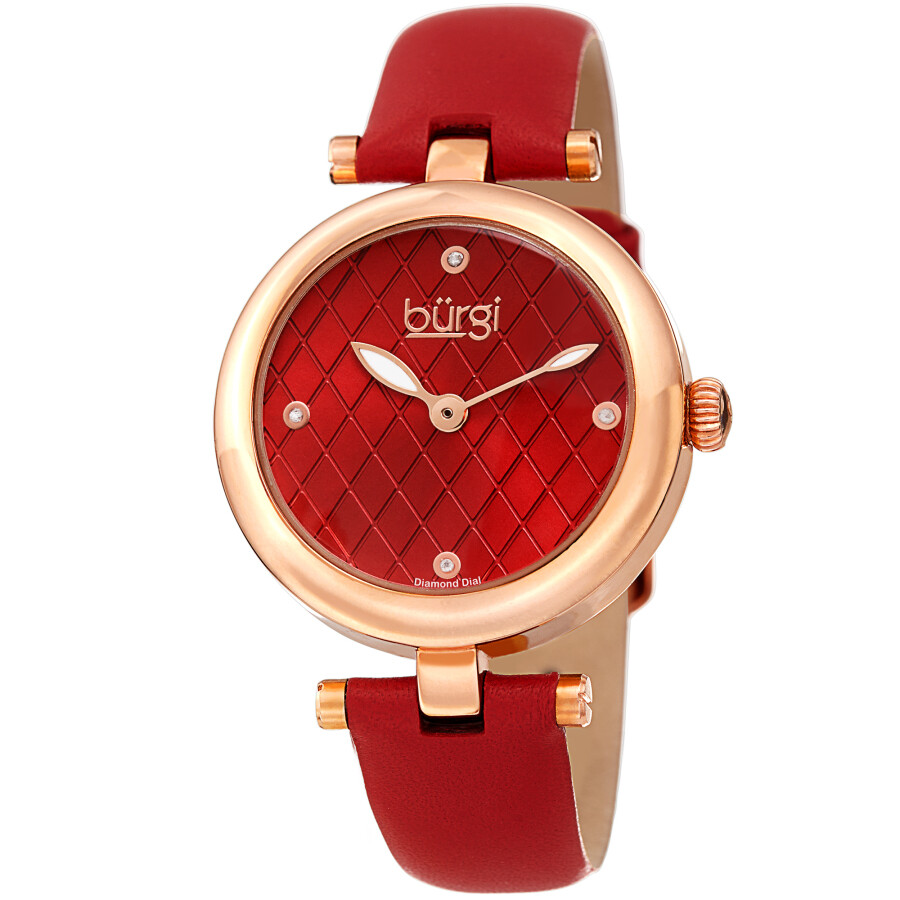 Burgi Quartz Diamond Red Dial Red Leather Ladies Watch BUR196RD ...