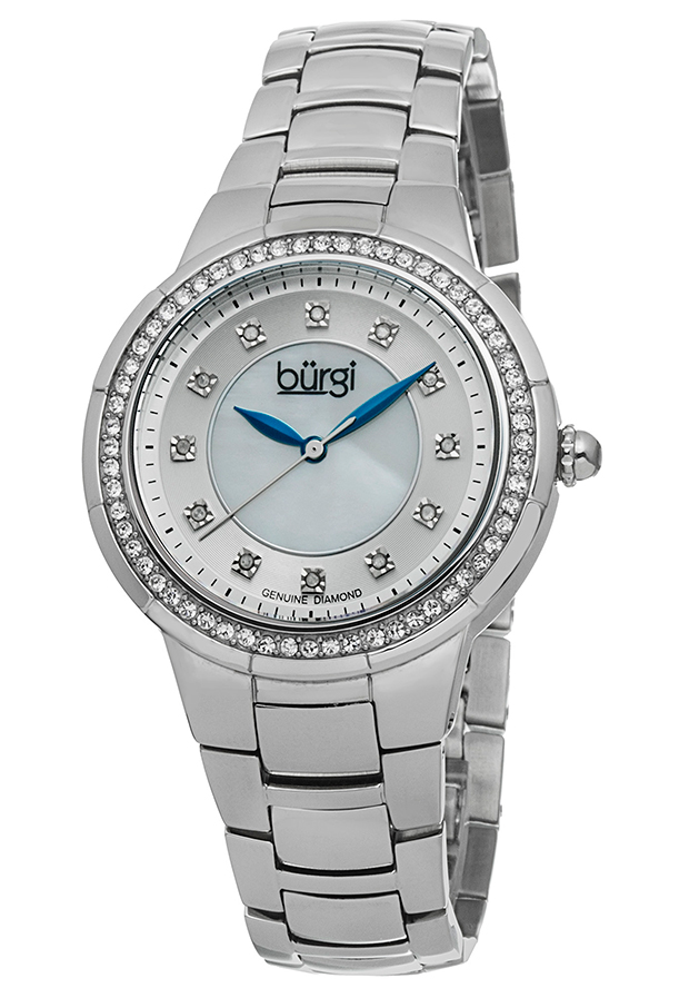 Burgi Silver-tone Steel Mother of Pearl Diamond Dial Ladies Watch ...