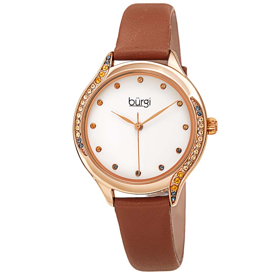 Burgi Crystal White Dial Brown Leather Ladies Watch BUR239BR ...