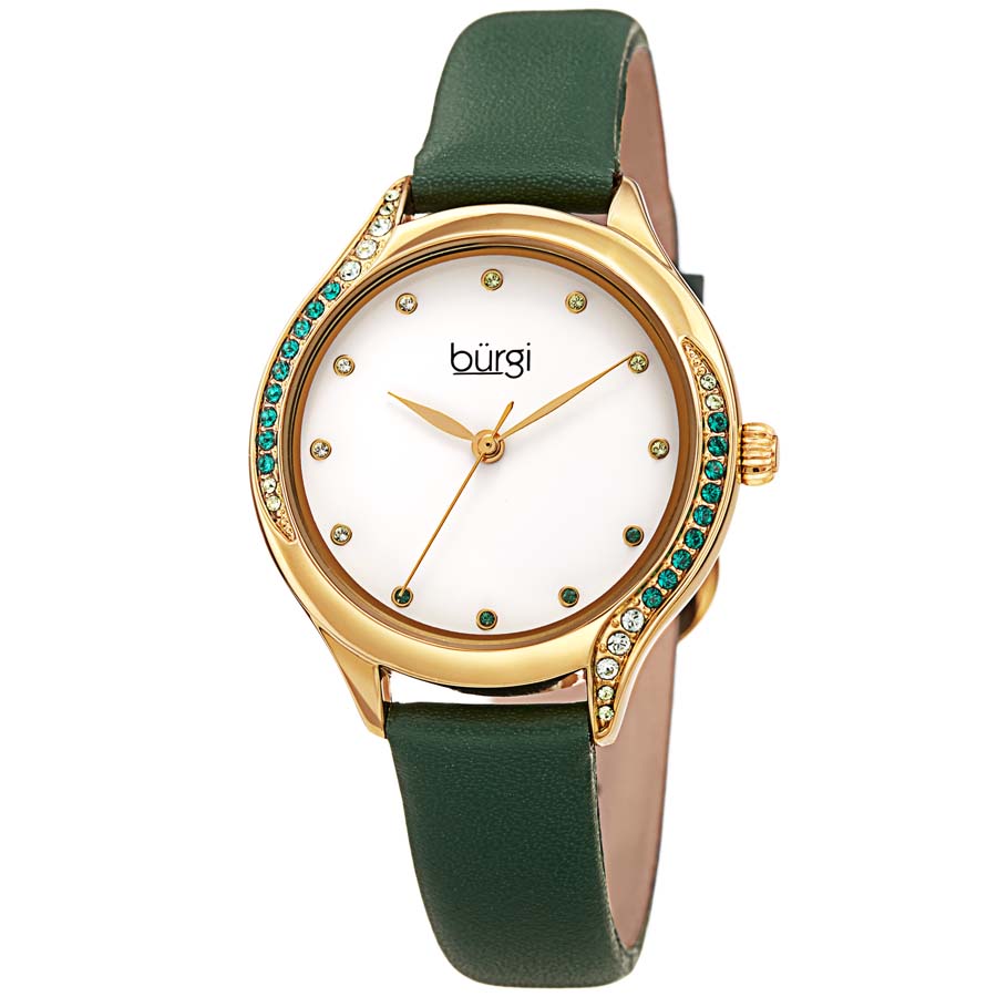 Burgi Crystal White Dial Green Leather Ladies Watch BUR239GN ...