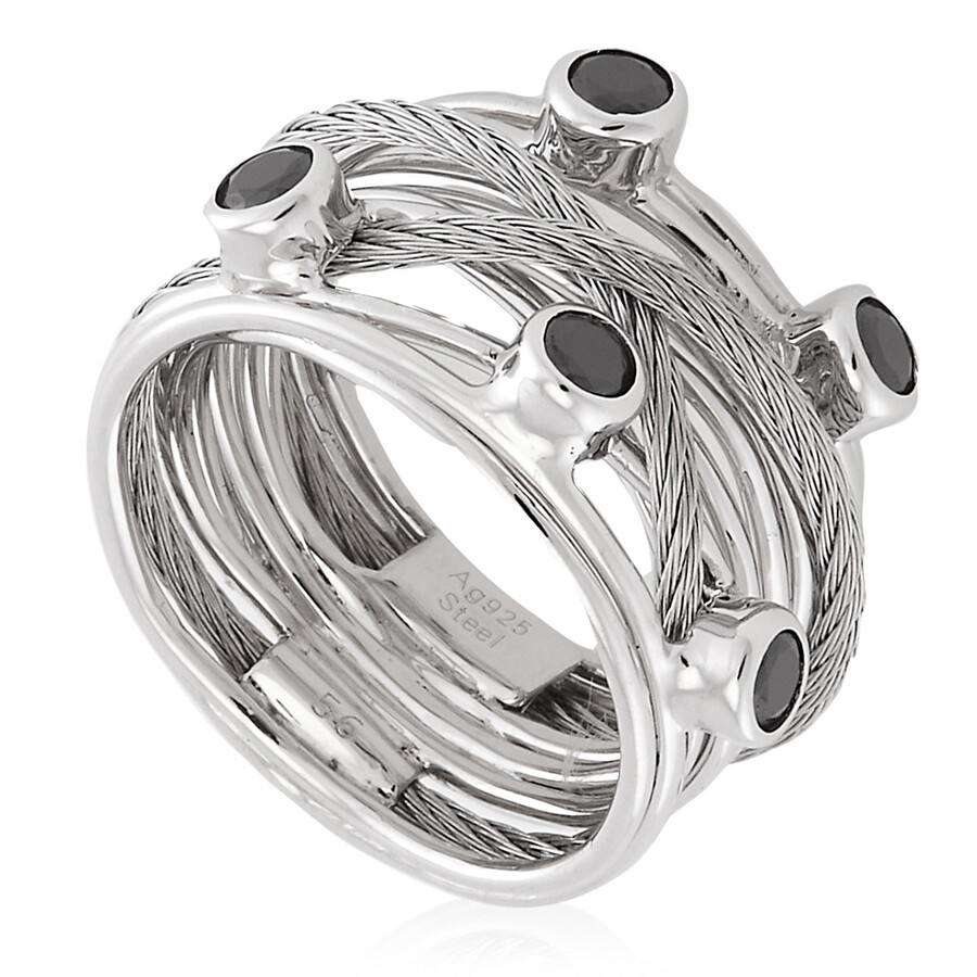 Charriol Tango Black Cz Stones Steel Cable Ring In Metallic | ModeSens