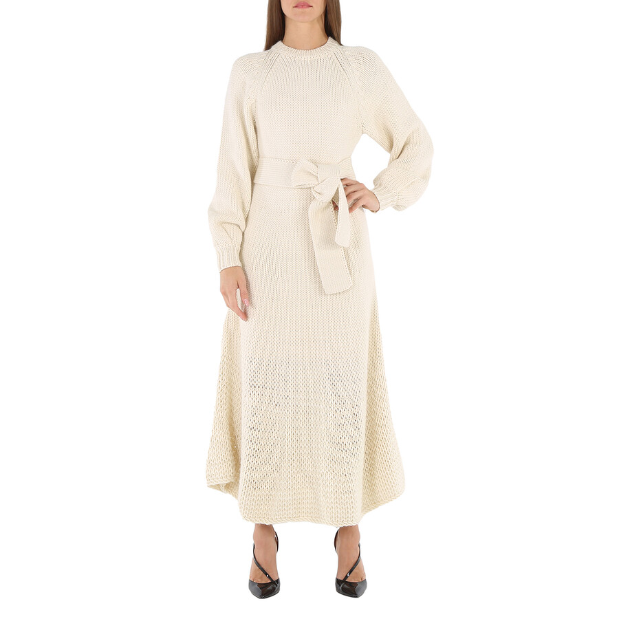 Chloé Ladies Papyrus White Puff Sleeve Belted Knit Dress, Size Medium CHC21WMR24590118 ...