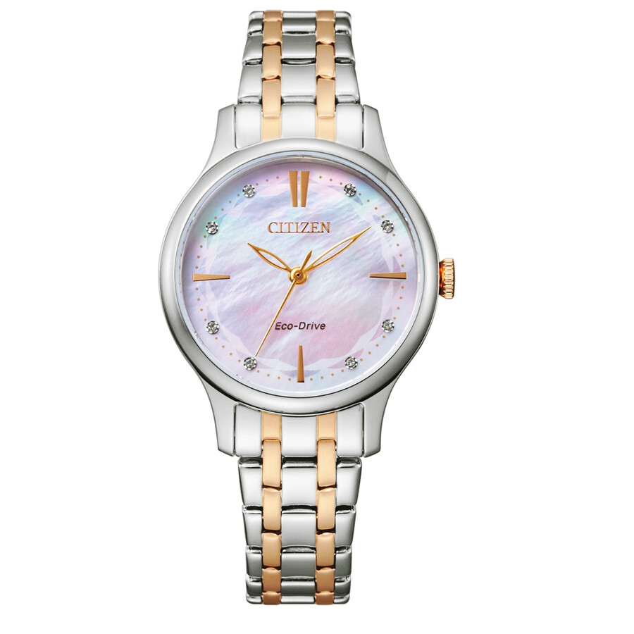 Citizen Eco-Drive Crystal Pink Mother of Pearl Dial Ladies Watch EM0896 ...