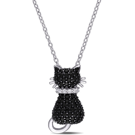 Amour Black Spinel and Created White Sapphire Kitty Cat Pendant with ...