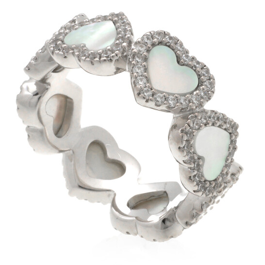 Apm Monaco Sterling Silver Nacre Full Heart Paved Ring, Size Small ...