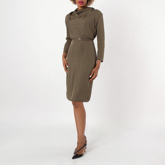 Bally Military Green Cowl-Neck Belted Midi Dress, Brand Size 42 ( US ...