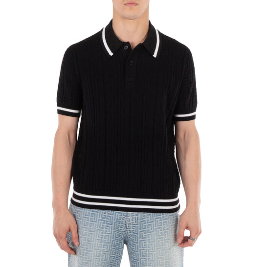 Balmain Knitted Wool Polo Shirt, Size Small DH1GB066KH02-NOIR/BLANC ...