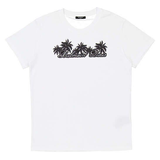 Balmain Palm-Print Cotton T-Shirt, Size Small DH1EF000GD85-BLANC/NOIR ...