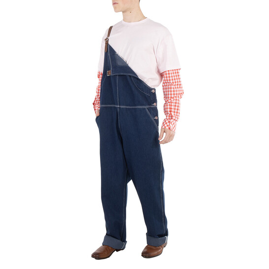 Burberry Dark Canvas Blue Leather-Trim Denim Dungarees, Brand Size 50 ...