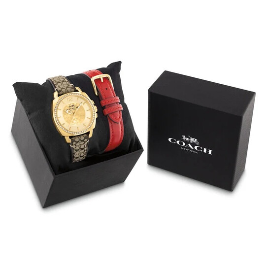 Coach Boyfriend Quartz Crystal Gold Dial Ladies Watch Gift Set 14000091 ...