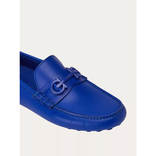 Ferragamo Men's Blue Grazioso Leather Gancini Ornament Moccasins, Size ...