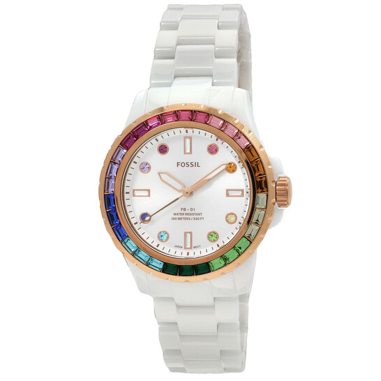Fossil FB-01 Ceramic Quartz Crystal Silver Dial Ladies Watch CE1129 ...