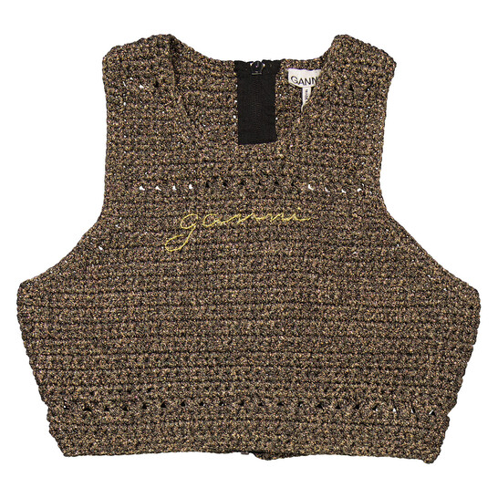 Ganni Ladies Black / Gold Crochet Racerback Top, Brand Size 38 (US Size ...