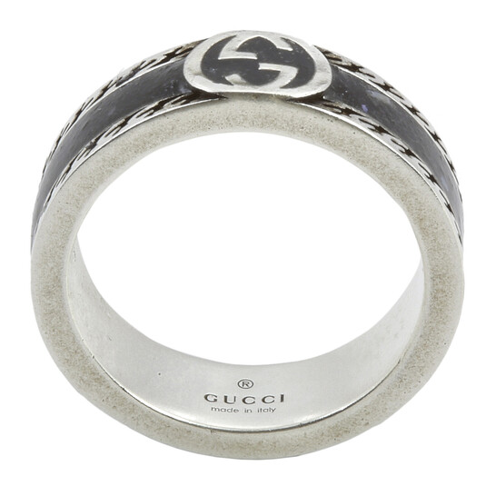 Gucci Interlocking G Sterling Silver And Black Enamel Ring, Size 25 ...