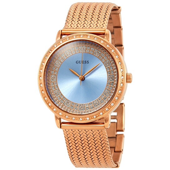 Guess Willow Crystal Blue Dial Rose Gold PVD Ladies Watch W0836L1 ...