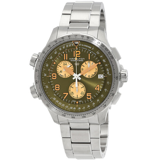 Hamilton Khaki Aviation Chronograph GMT Quartz Green Dial Men's Watch ...