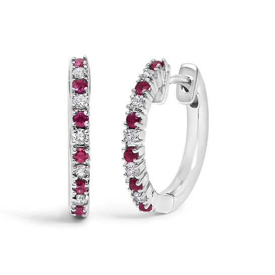 Haus Of Brilliance 10K White Gold Alternating Diamond and Red Ruby Huggy Hoop Earrings (I-J ...