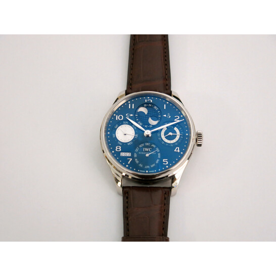 IWC Portuguese Perpetual Calendar Blue Dial 18kt White Gold Black ...