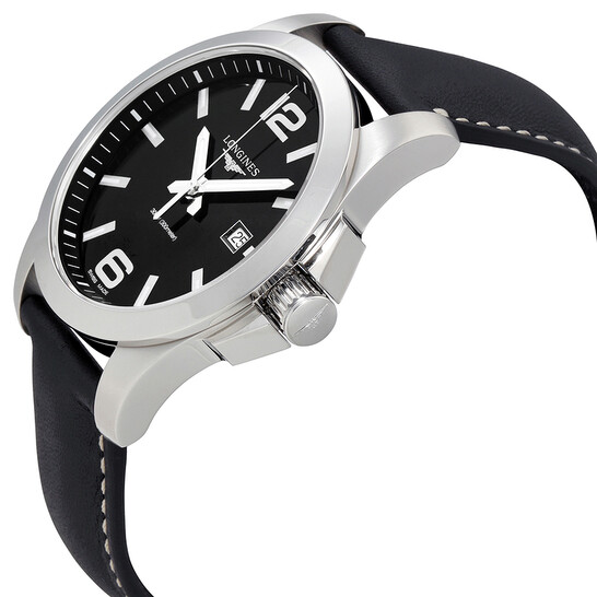 Longines Conquest Black Dial Black Leather Men's 43mm Watch L37604563 ...