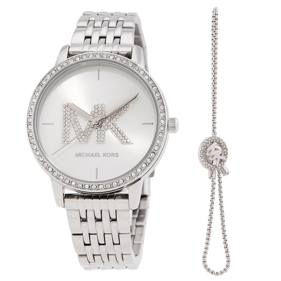 Michael Kors Melissa Quartz Crystal Silver Dial Ladies Watch with a a Slider Bracelet MK1055SET ...
