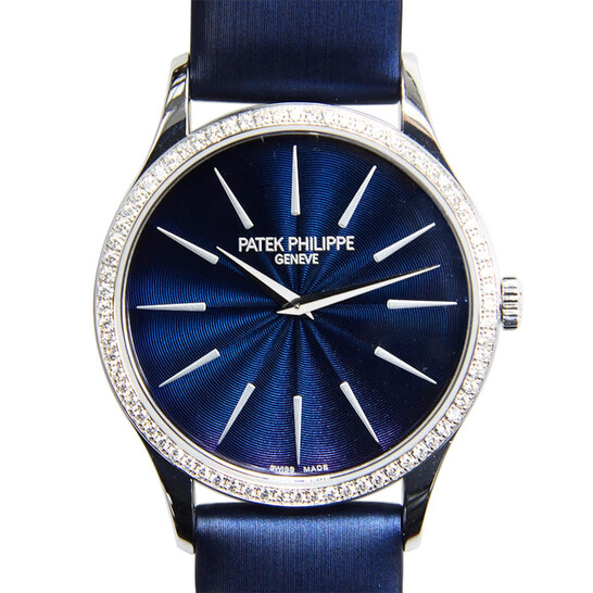 Patek Philippe Calatrava Blue Dial Diamond 18kt White Gold Ladies Watch ...