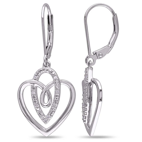 Amour Sterling Silver 1/10 CT TDW Diamond Heart Dangle Earrings ...
