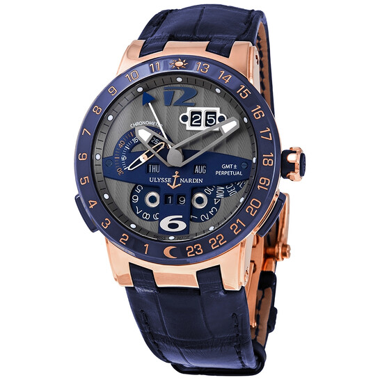 Ulysse Nardin El Toro GMT Silver Dial 18kt Rose Gold Blue Leather Men's ...
