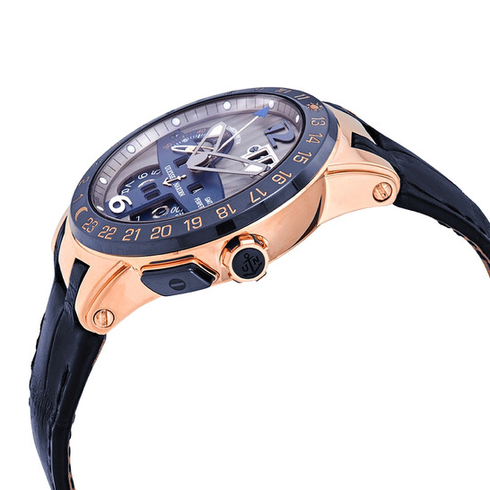 Ulysse Nardin El Toro GMT Silver Dial 18kt Rose Gold Blue Leather Men's ...