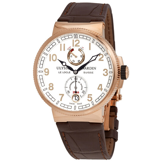 Ulysse Nardin Marine Chronometer Silver Dial 18kt Rose Gold Brown Leather Men's Watch 1186-126/ ...