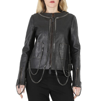 Burberry Black Draped Chain-Link Detail Leather Jacket, Brand Size 6 ...