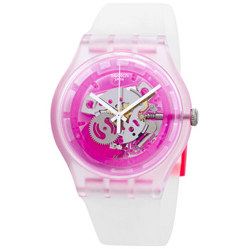 Swatch Monthly Drops Pink Mist Quartz Pink Skeleton Dial Watch SUOK155 ...