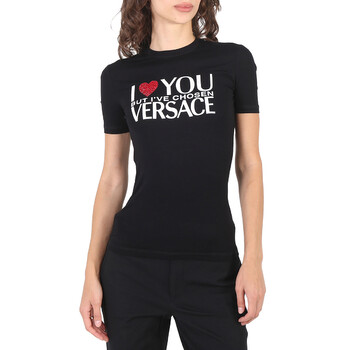 Versace Ladies Black Slogan Print T-Shirt, Brand Size 42 (US Size 6 ...