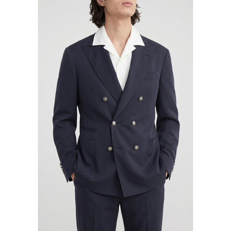 Brunello Cucinelli Dark Blue Silk Double Breasted Blazer, Brand Size 58 ...